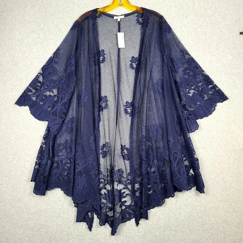 Maurices | Tops | Lace Kimono Duster Navy Sheer Floral Embroidered Boho ...